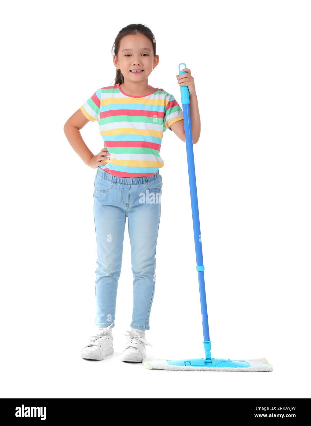 Cute little girl with mop on white background Stock Photo - Alamy