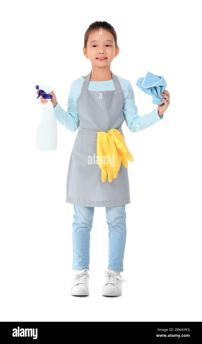 Cute little janitor with detergent and rag on white background Stock ...