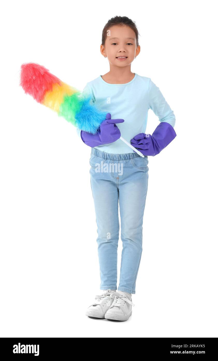 Cute little girl with pp-duster on white background Stock Photo - Alamy