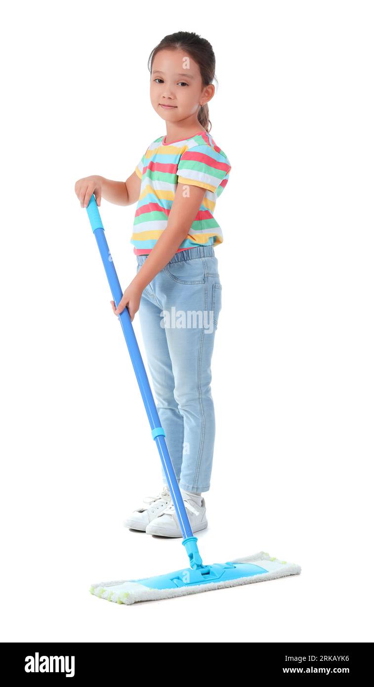 Cute little girl with mop on white background Stock Photo - Alamy