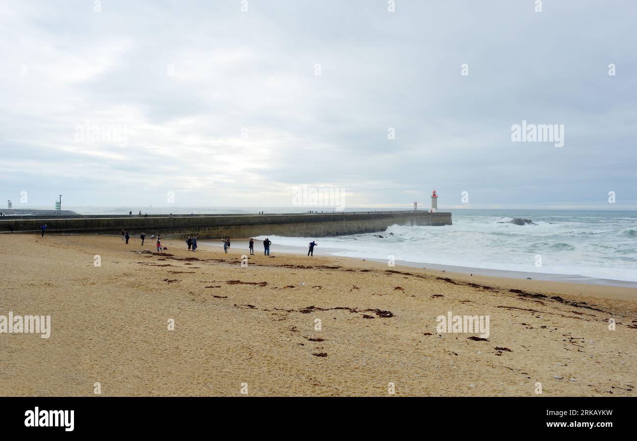 Porto, view to the Douro Estuary with lighthouses in Foz at the ...