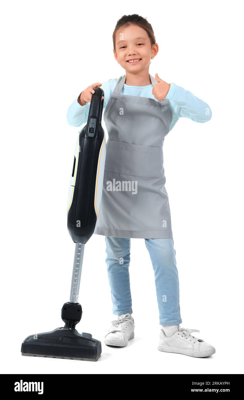 Cute little janitor with vacuum cleaner showing thumb-up on white ...