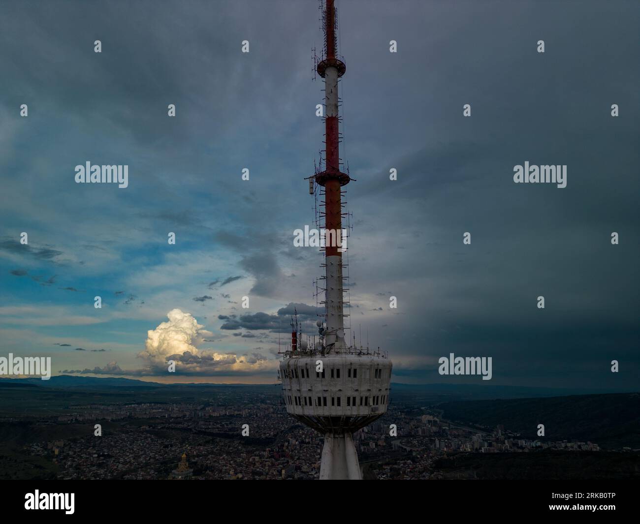 An aerial view of TV Broadcasting Tower in Tbilisi, Georgia on a cloudy ...
