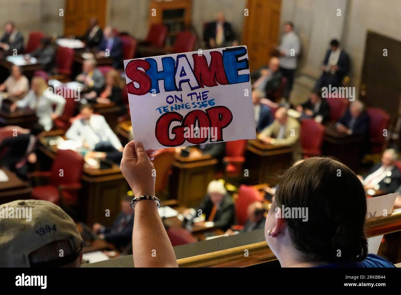 Laura Seay holds a sign over the House floor during a special session ...