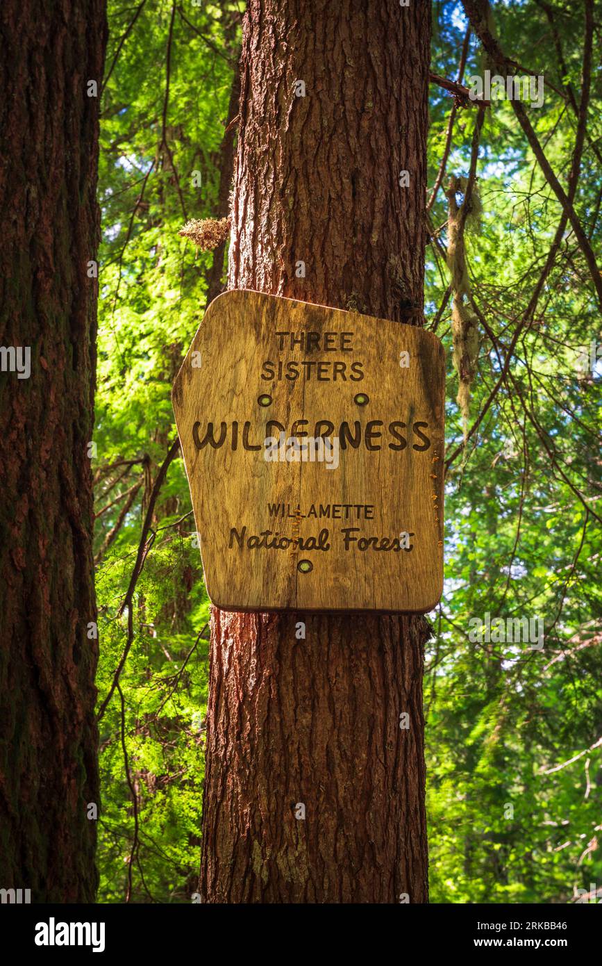 Three Sisters Wilderness sign Willamette National Forest, Oregon USA ...