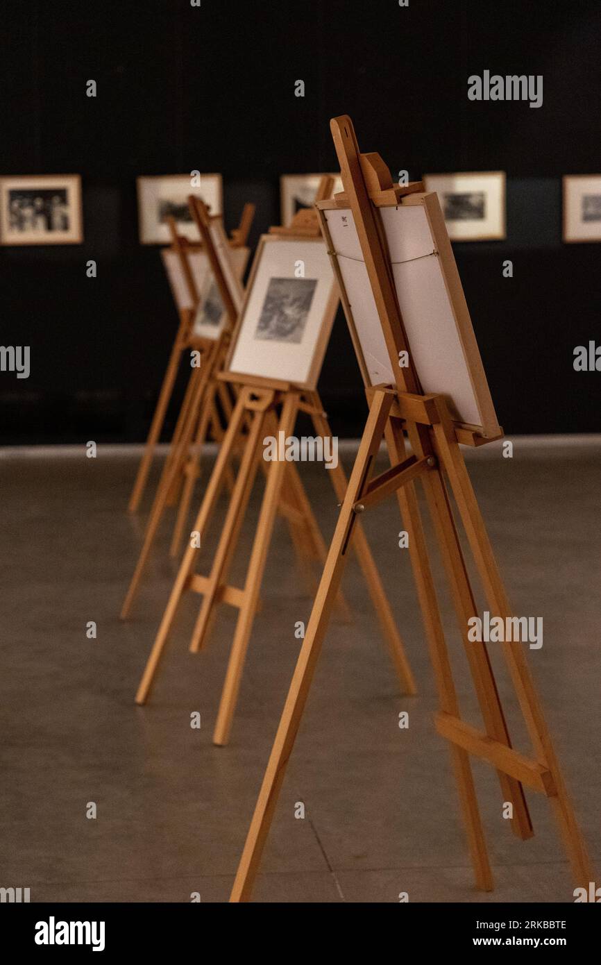 A vertical of a group of easels at the Svaneti Museum in Georgia Stock ...
