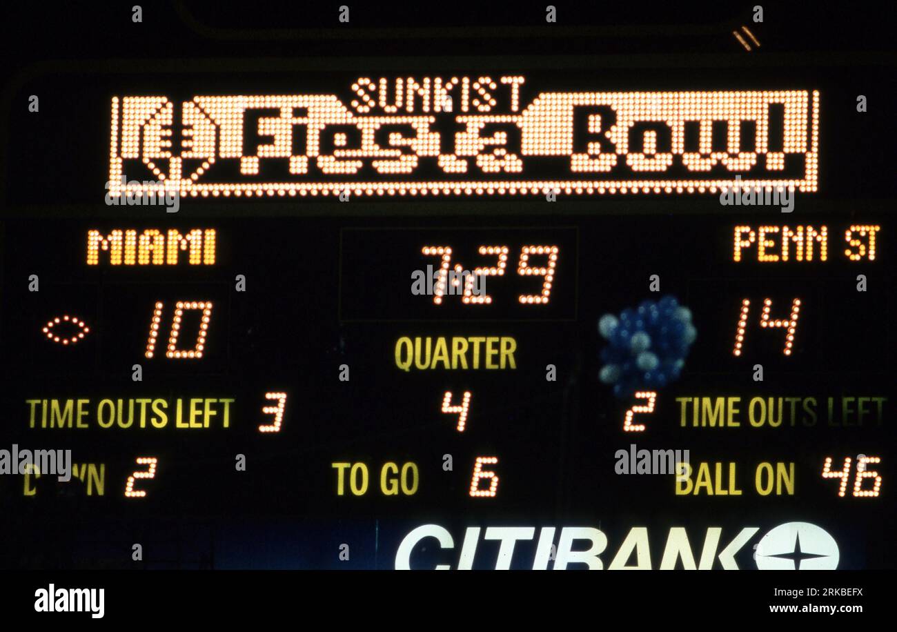 The scoreboard shows the fourth quarter score of the Sunkist Fiesta Bowl NCAA National ...
