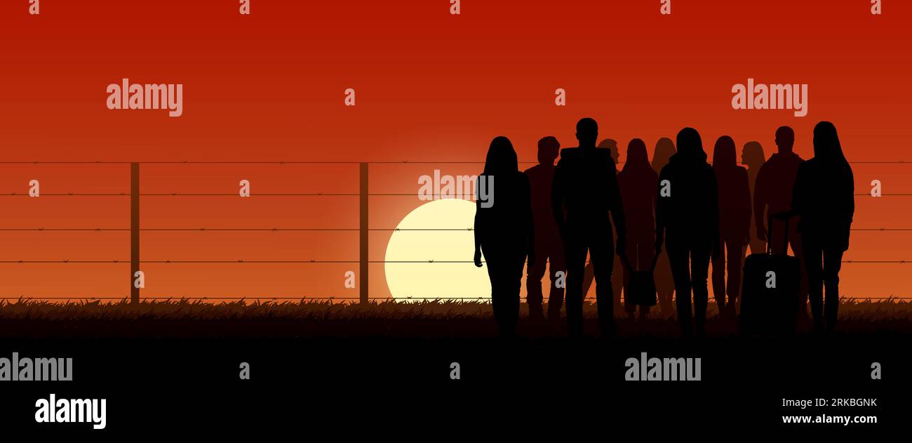 Immigration. Silhouettes of people near perimeter fence with barbed ...