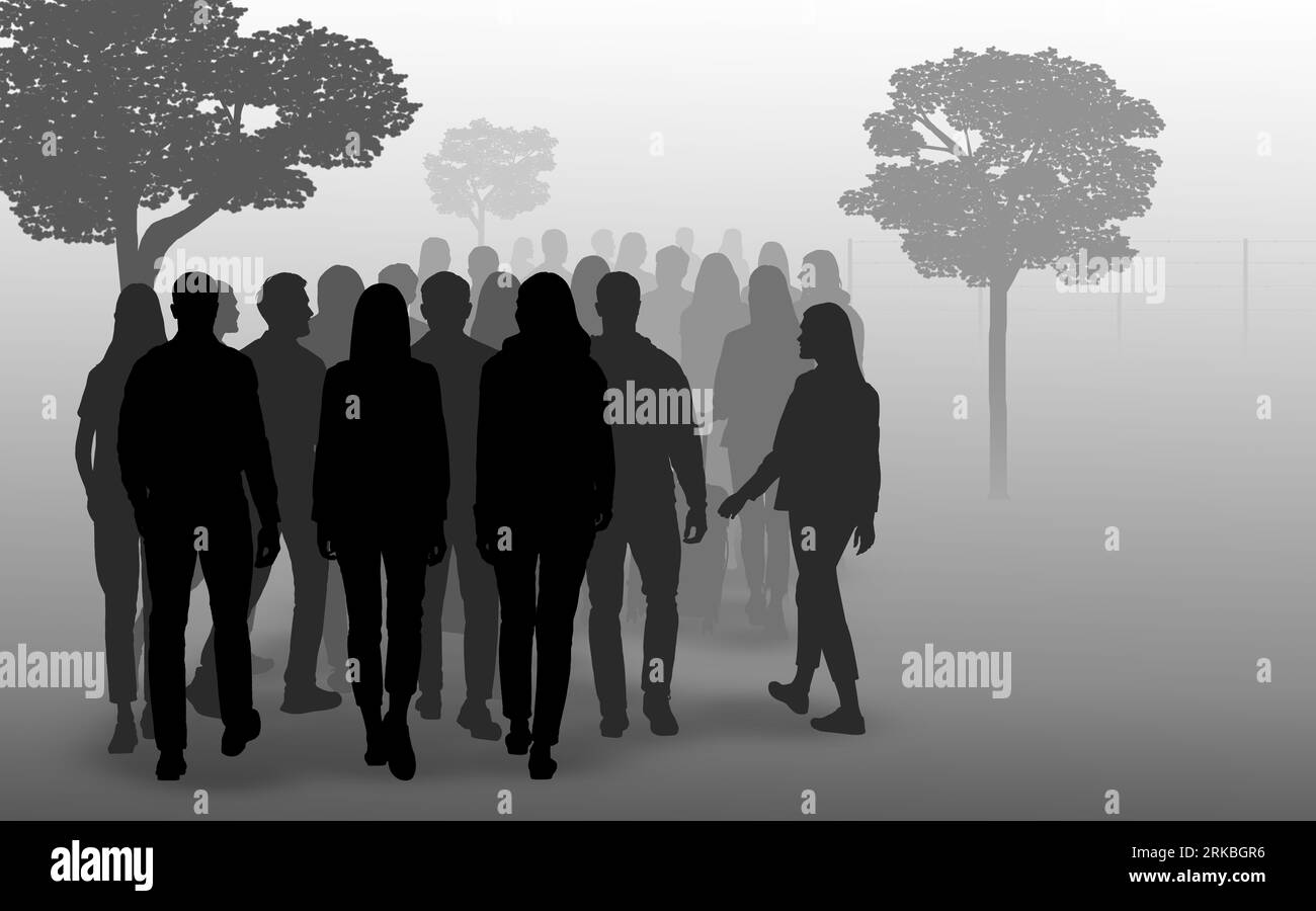 Immigration. Silhouettes of people walking outdoors on foggy morning ...