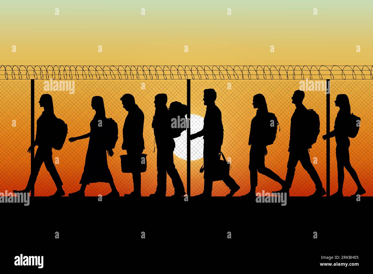 Immigration. Silhouettes of people walking along perimeter fence with ...