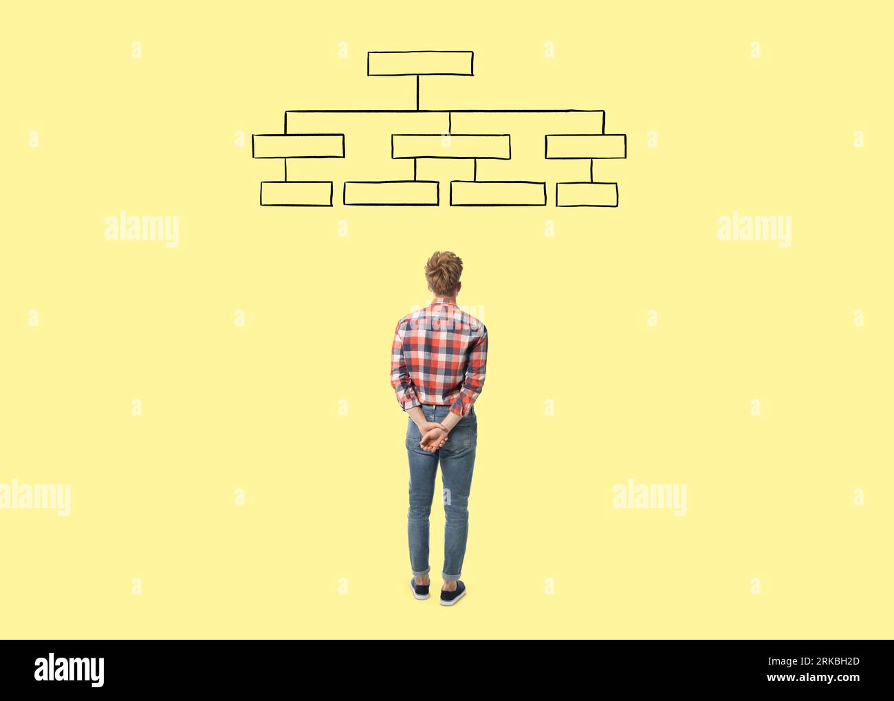 Logic. Man standing in front of diagram on pale yellow background, back ...