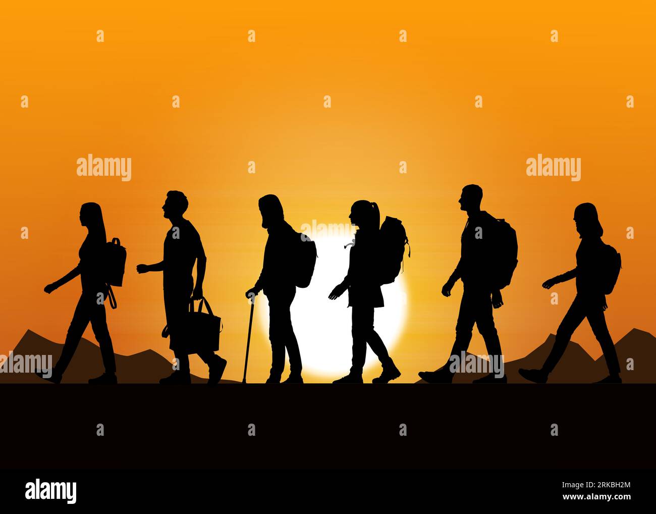 Immigration. Silhouettes of people walking outdoors at sunset ...