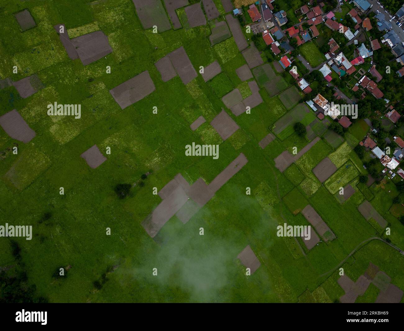 An aerial view of lush green countryside in Lekhtagi, Mestia, Georgia ...