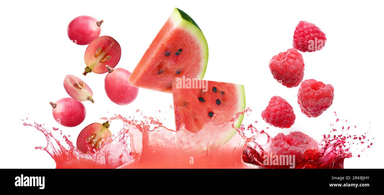Grape, watermelon and raspberry juices. Fruits and splashes on white ...