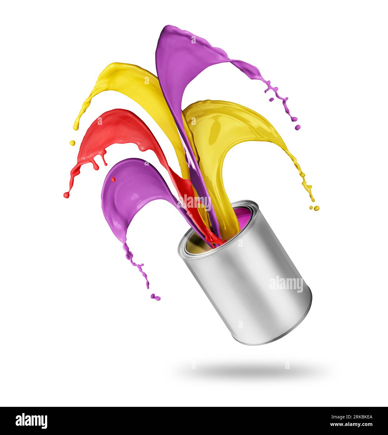 Paint of different colors splashing from can on white background Stock ...