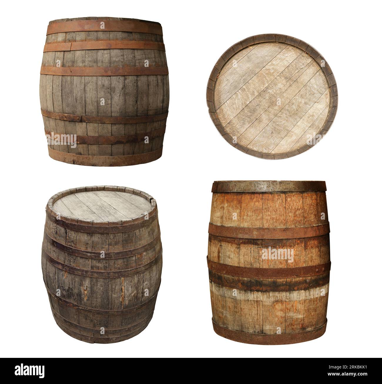 Different wooden barrels isolated on white, top and side views. Collage ...