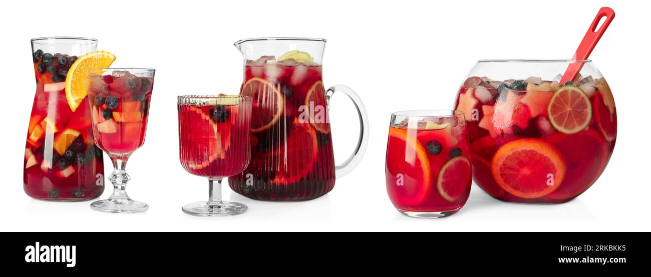 Set with tasty sangria in different glassware isolated on white Stock ...