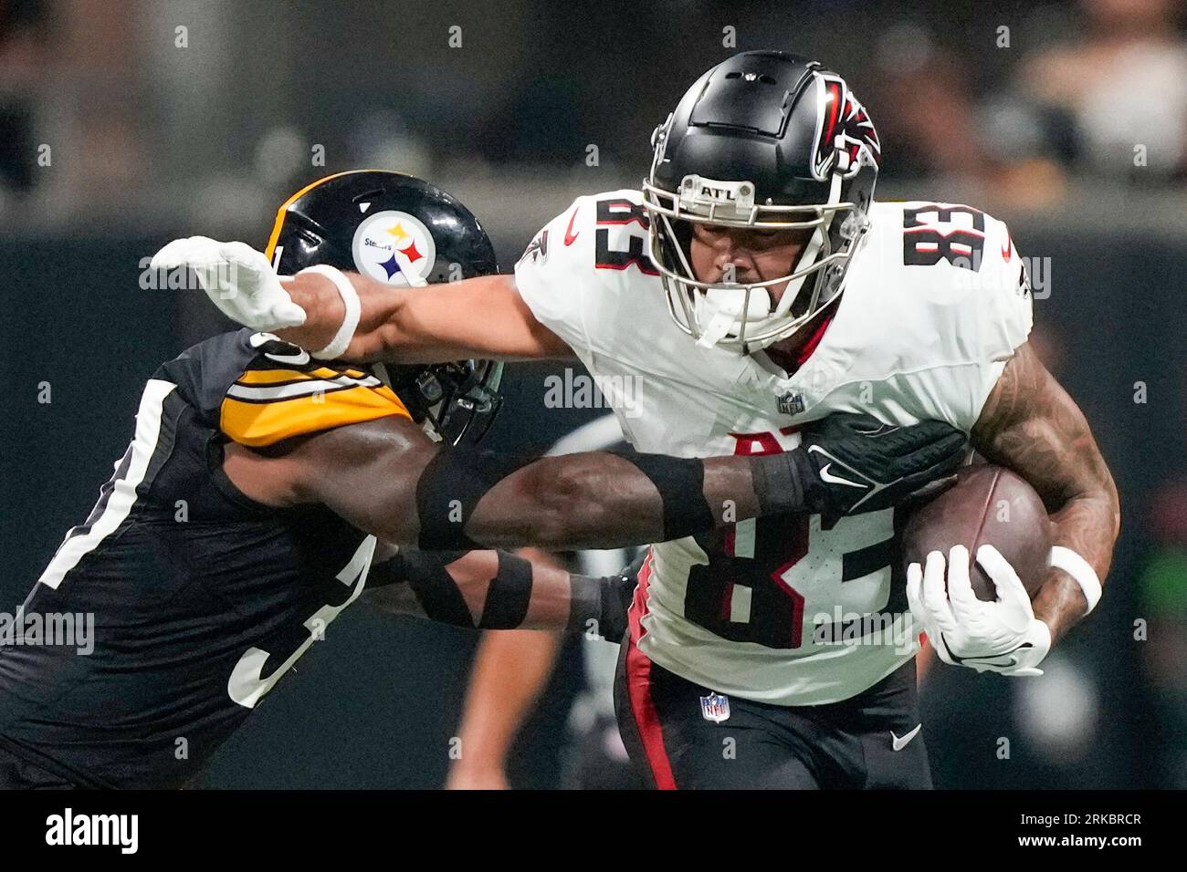 Atlanta Falcons wide receiver J.J. Arcega-Whiteside is tackled by ...