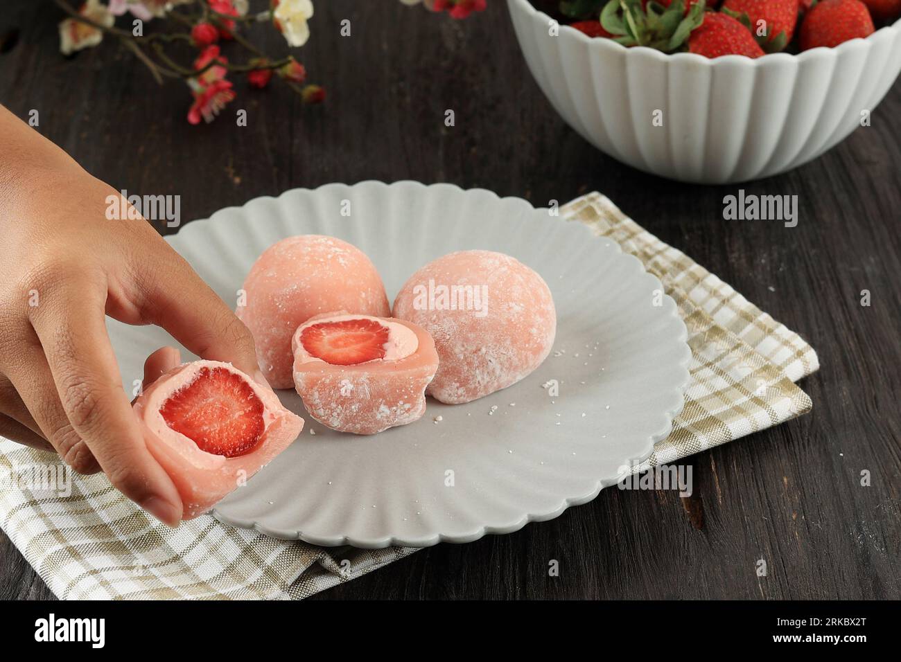 Female Hand Take Strawberry Daifuku Mochi, Japanese Sweets Made from ...