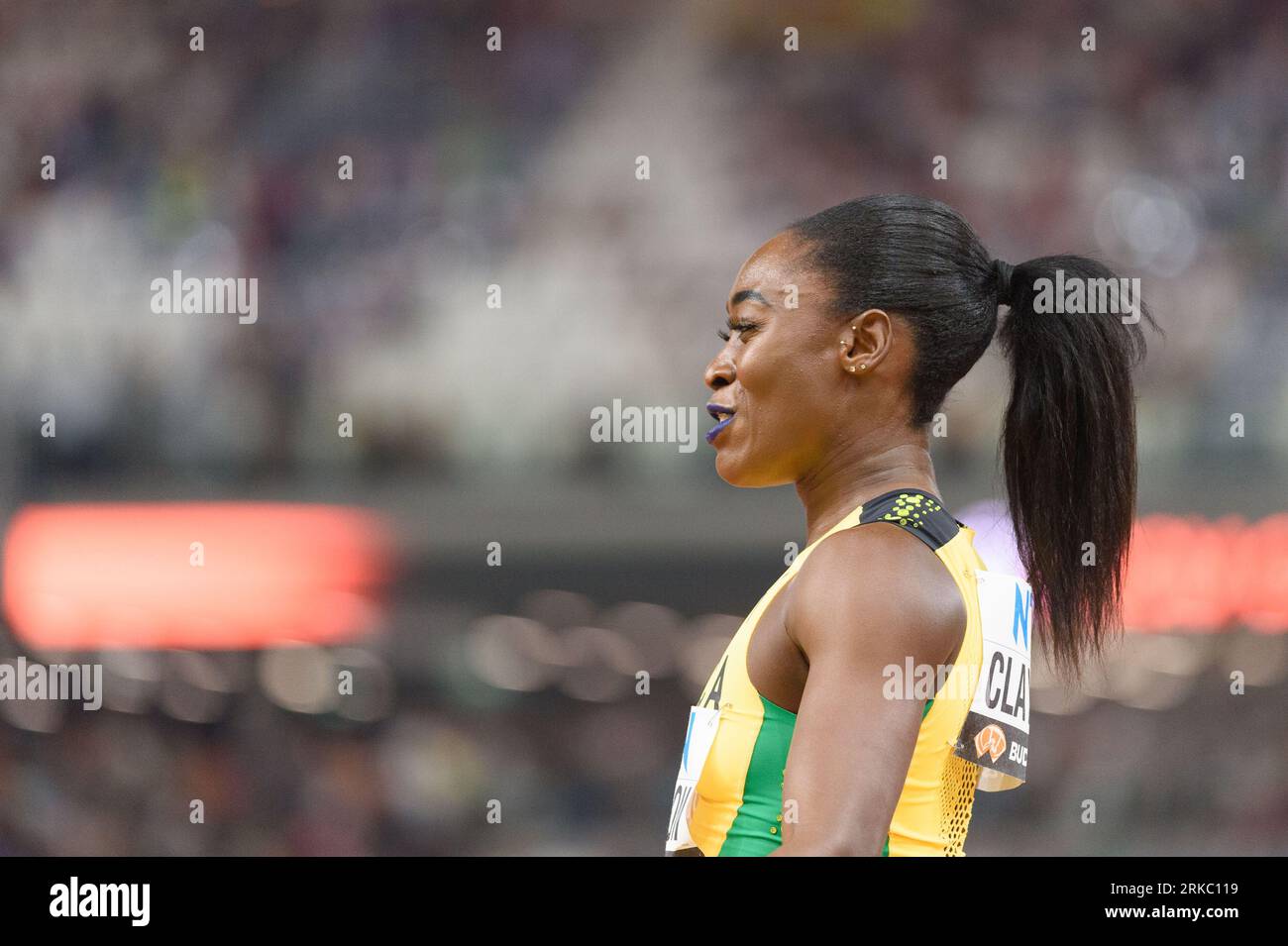 August 24, 2023: Rushell Clayton (Jamaica) after the 400 metres hurdles ...