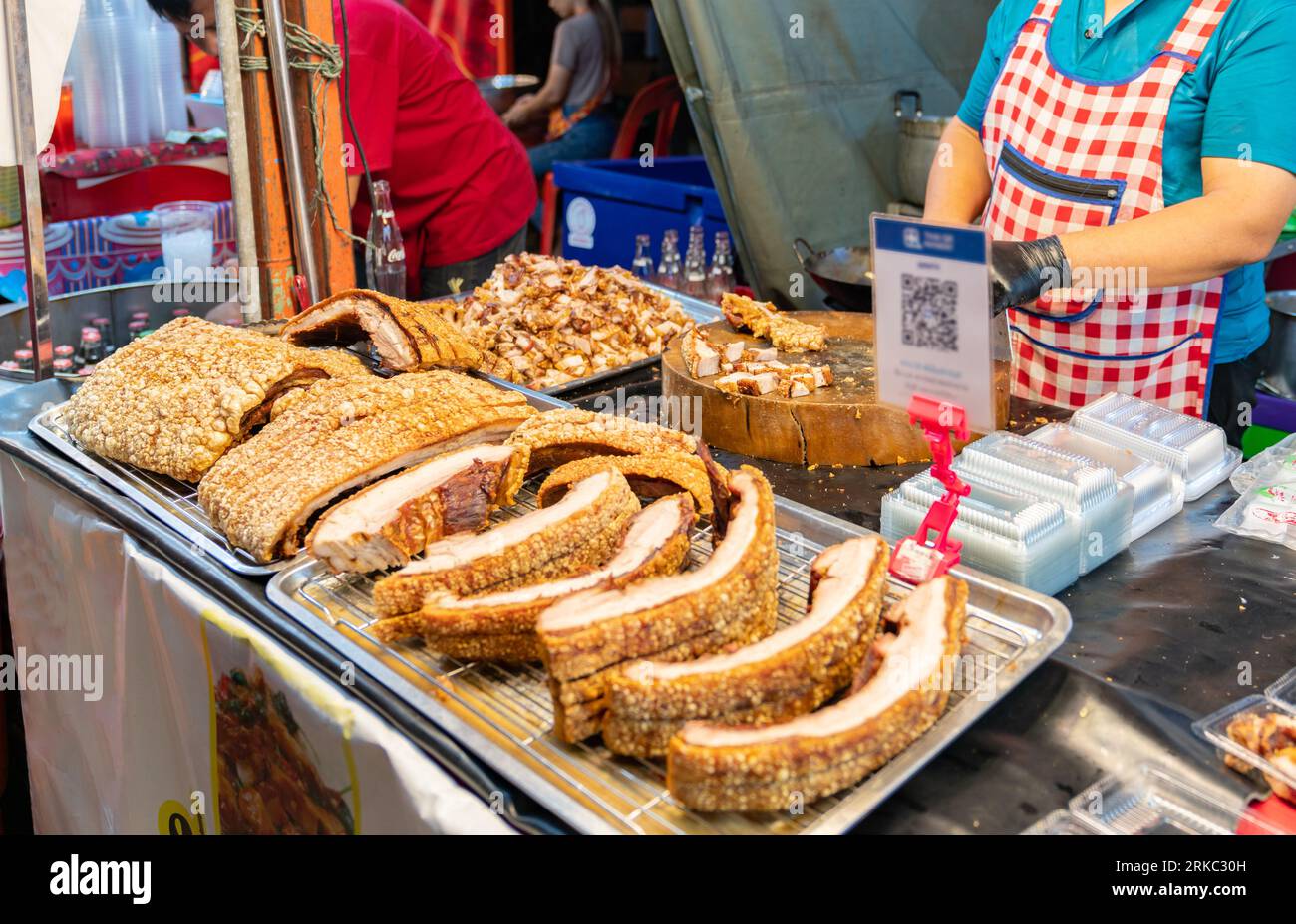Roasted pork belly slice ready for sale in street food market Stock ...