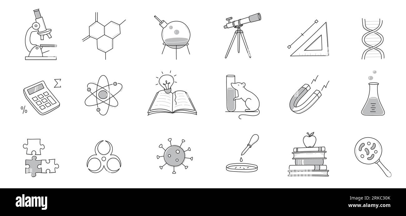Laboratory doodle icon set. Hand drawn sketch line doodle style scientific education, chemistry ...