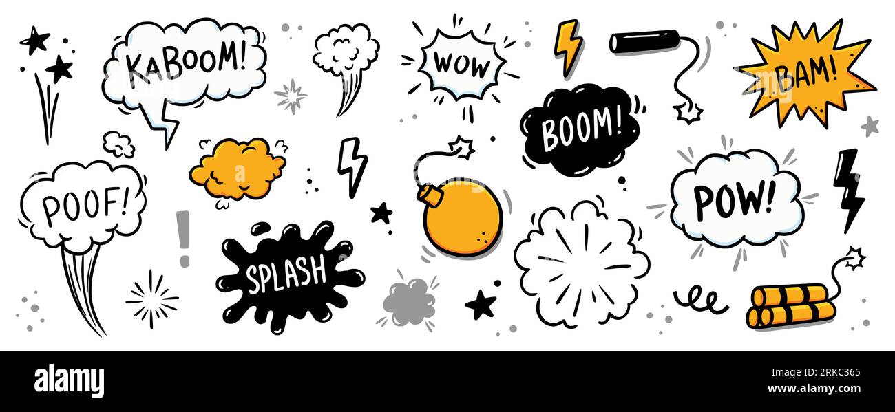 Comic bomb boom vector element. Hand drawn cartoon explosion bomb ...