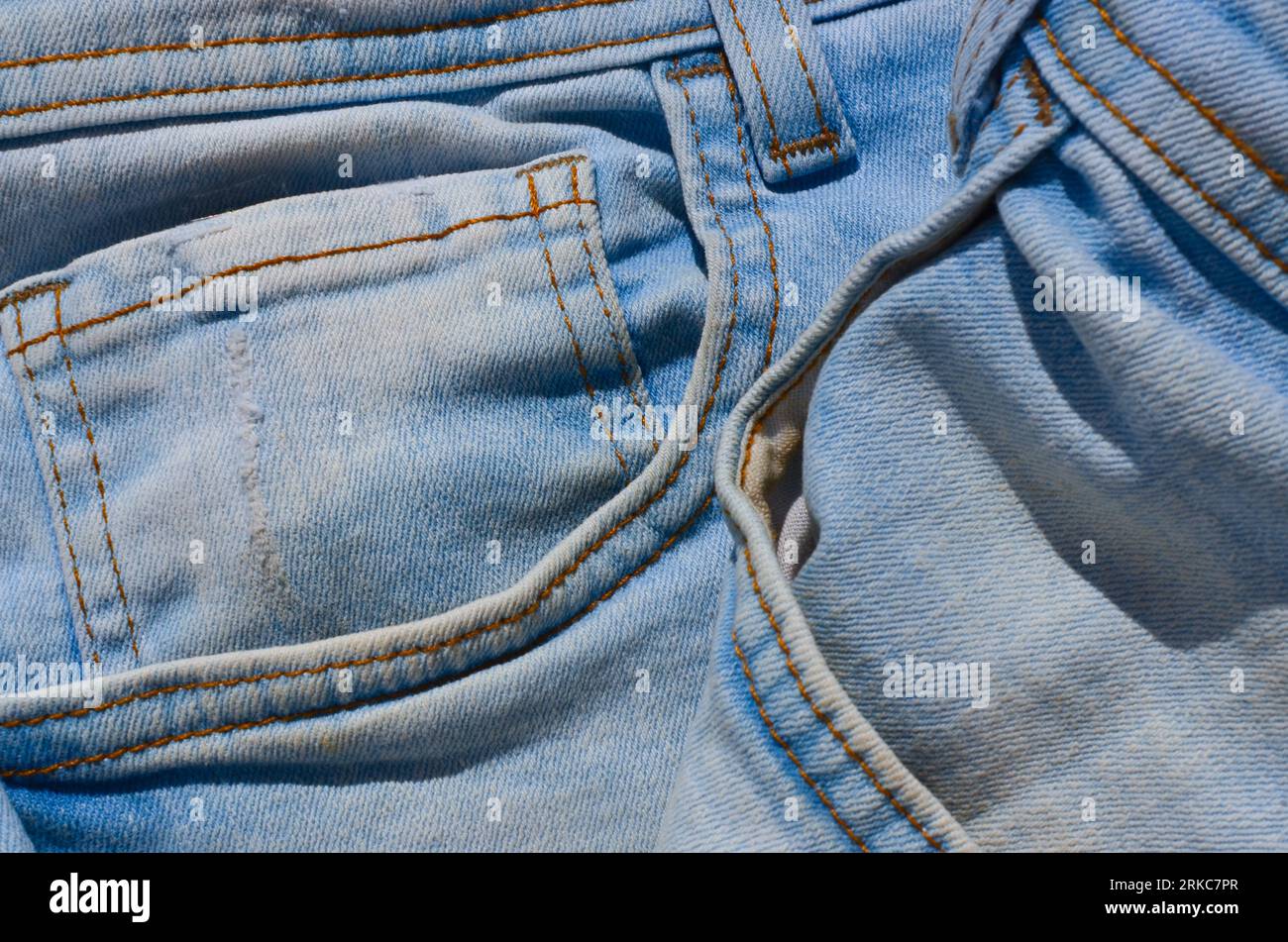Sewing lines close-up of a pair of jeans, showing the attention to ...
