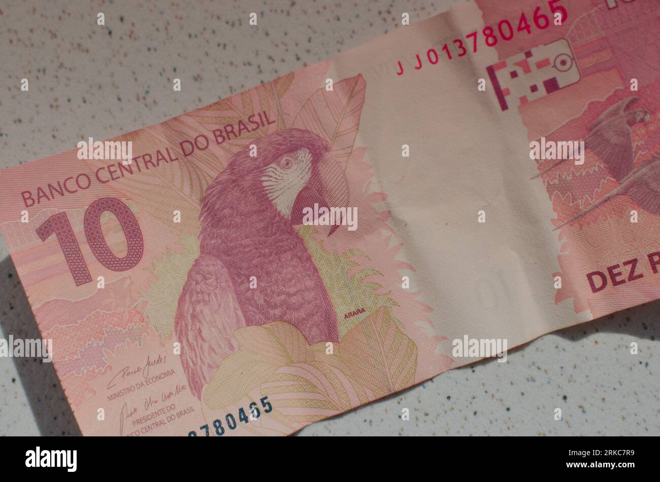 Detail of the 10 reais do Brasil banknote, a Brazilian currency ...