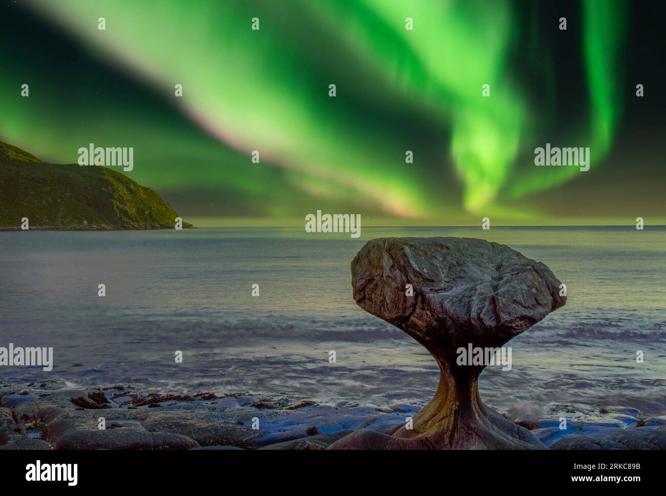 Kannesteinen Balanced Rock and Aurora , North Sea Coast, Norway Wave ...
