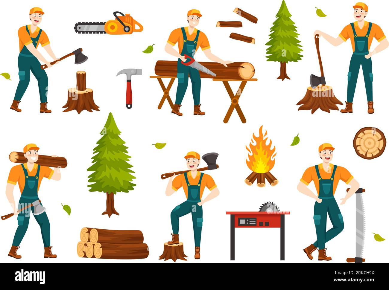 Men Chopping Wood and Cutting Tree with Lumberjack Work Equipment ...
