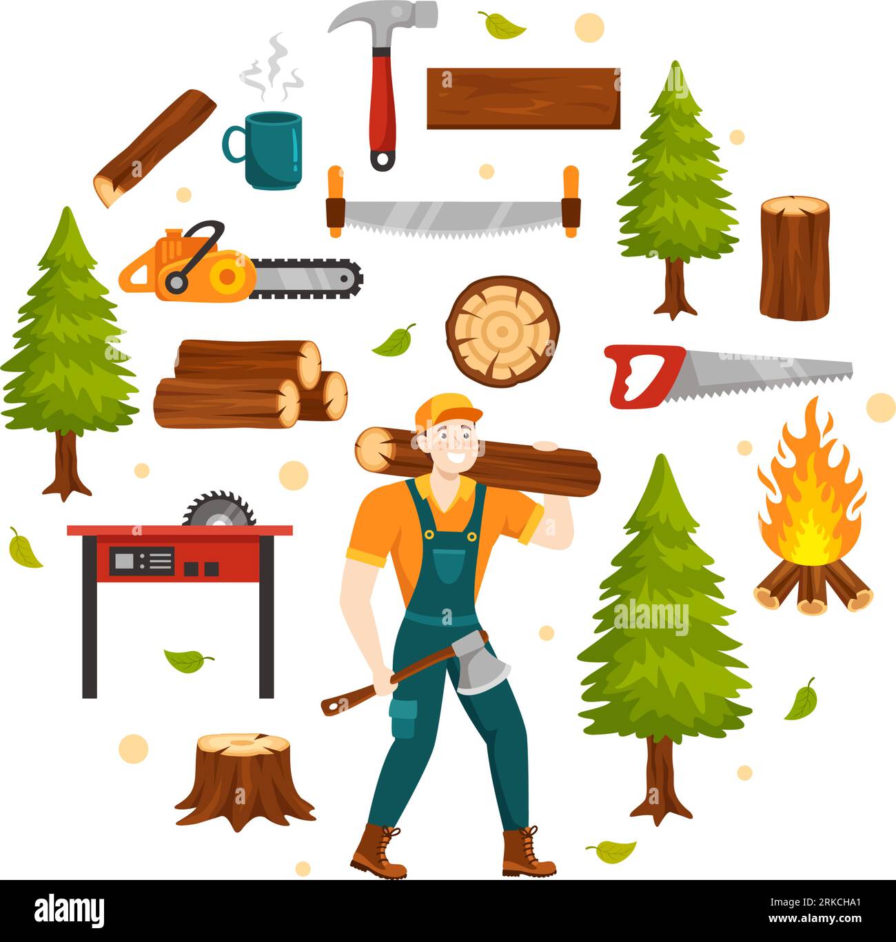 Men Chopping Wood and Cutting Tree with Lumberjack Work Equipment ...