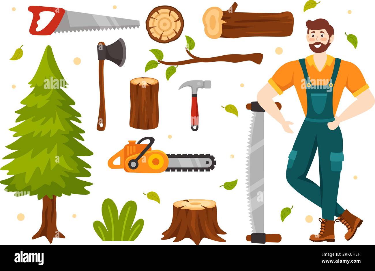 Men Chopping Wood And Cutting Tree With Lumberjack Work Equipment Machinery Or Chainsaw In Flat