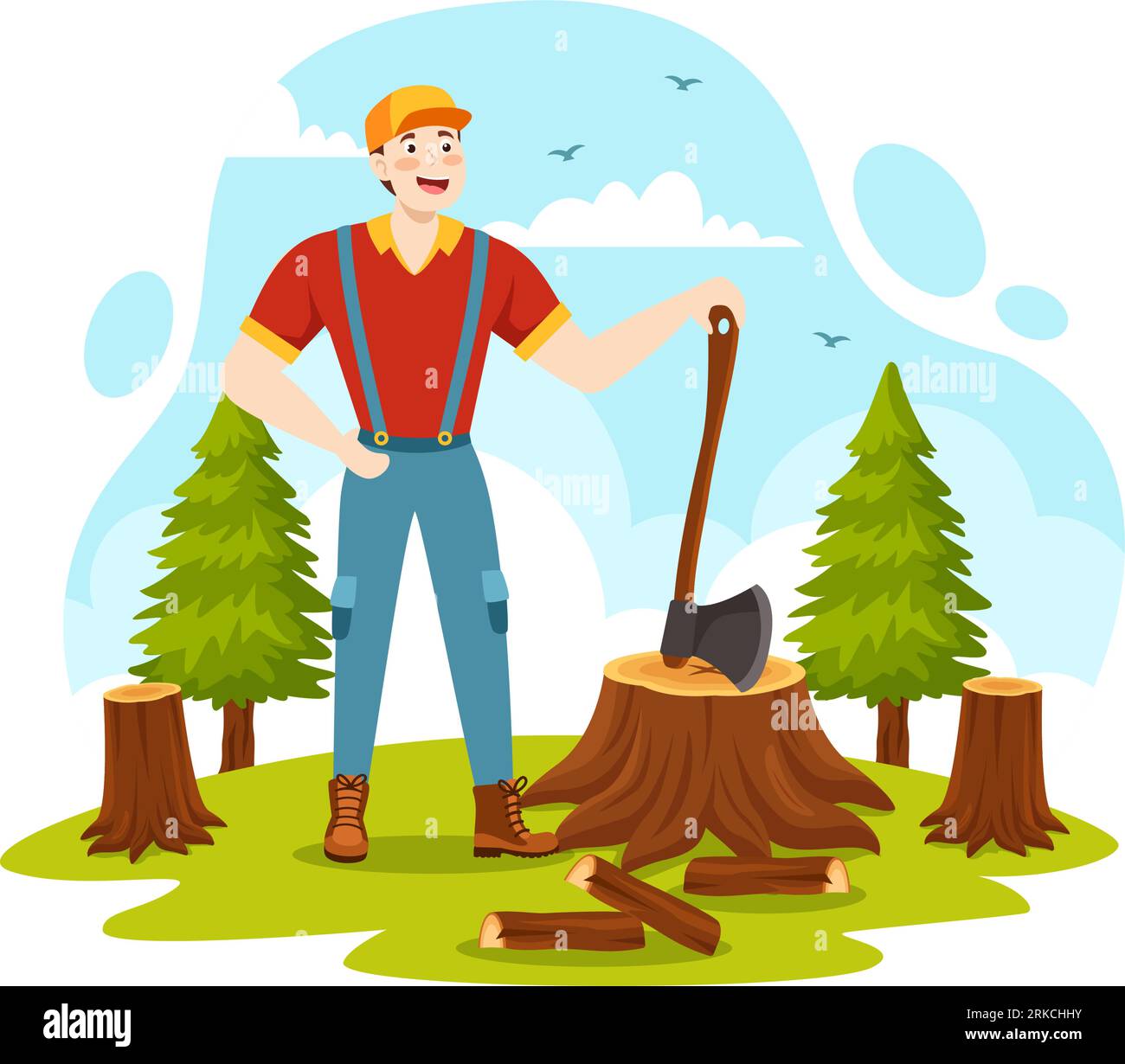 Men Chopping Wood And Cutting Tree With Lumberjack Work Equipment Machinery Or Chainsaw In Flat