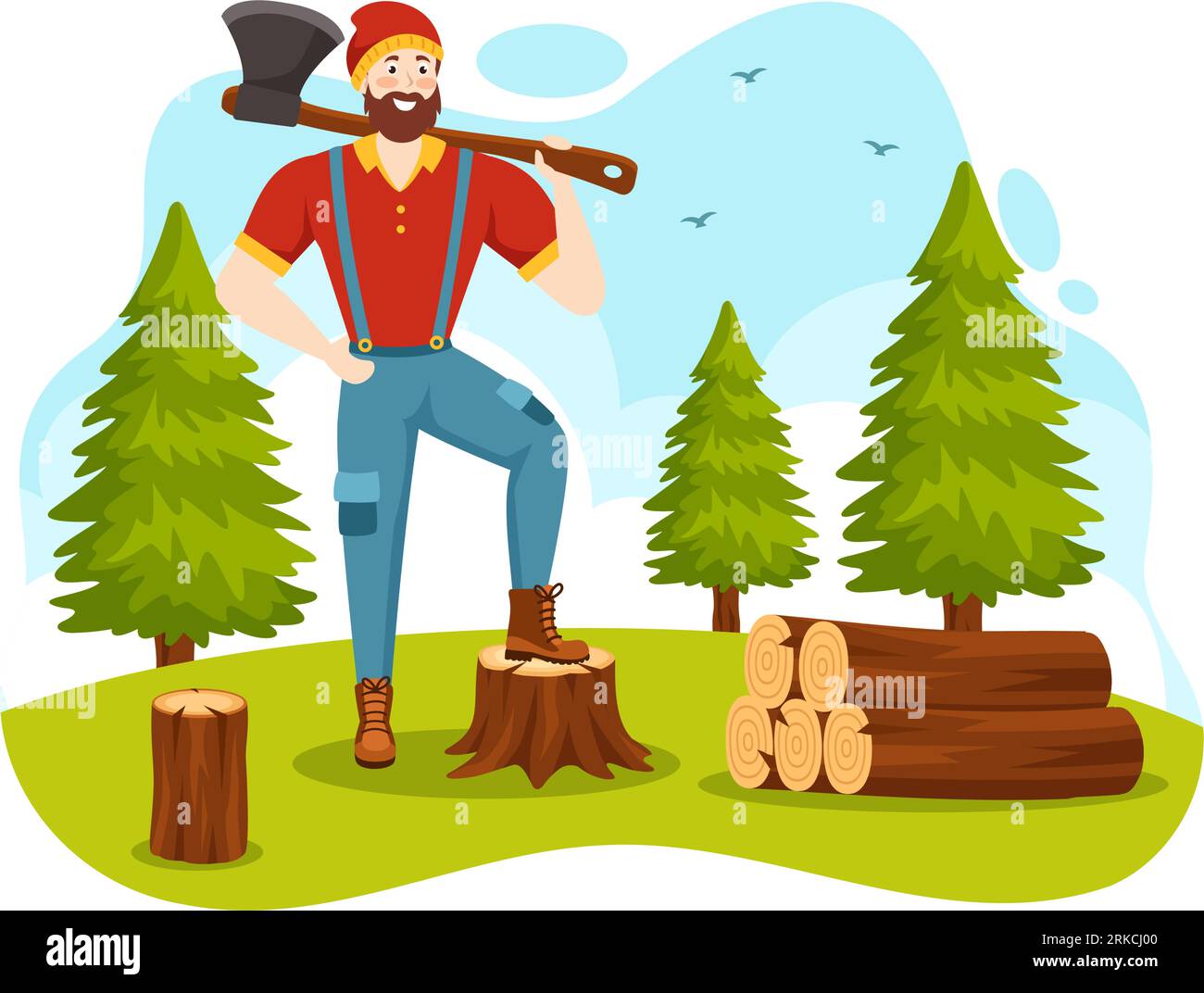 Men Chopping Wood And Cutting Tree With Lumberjack Work Equipment Machinery Or Chainsaw In Flat
