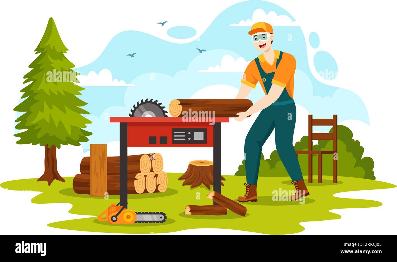 Men Chopping Wood and Cutting Tree with Lumberjack Work Equipment ...