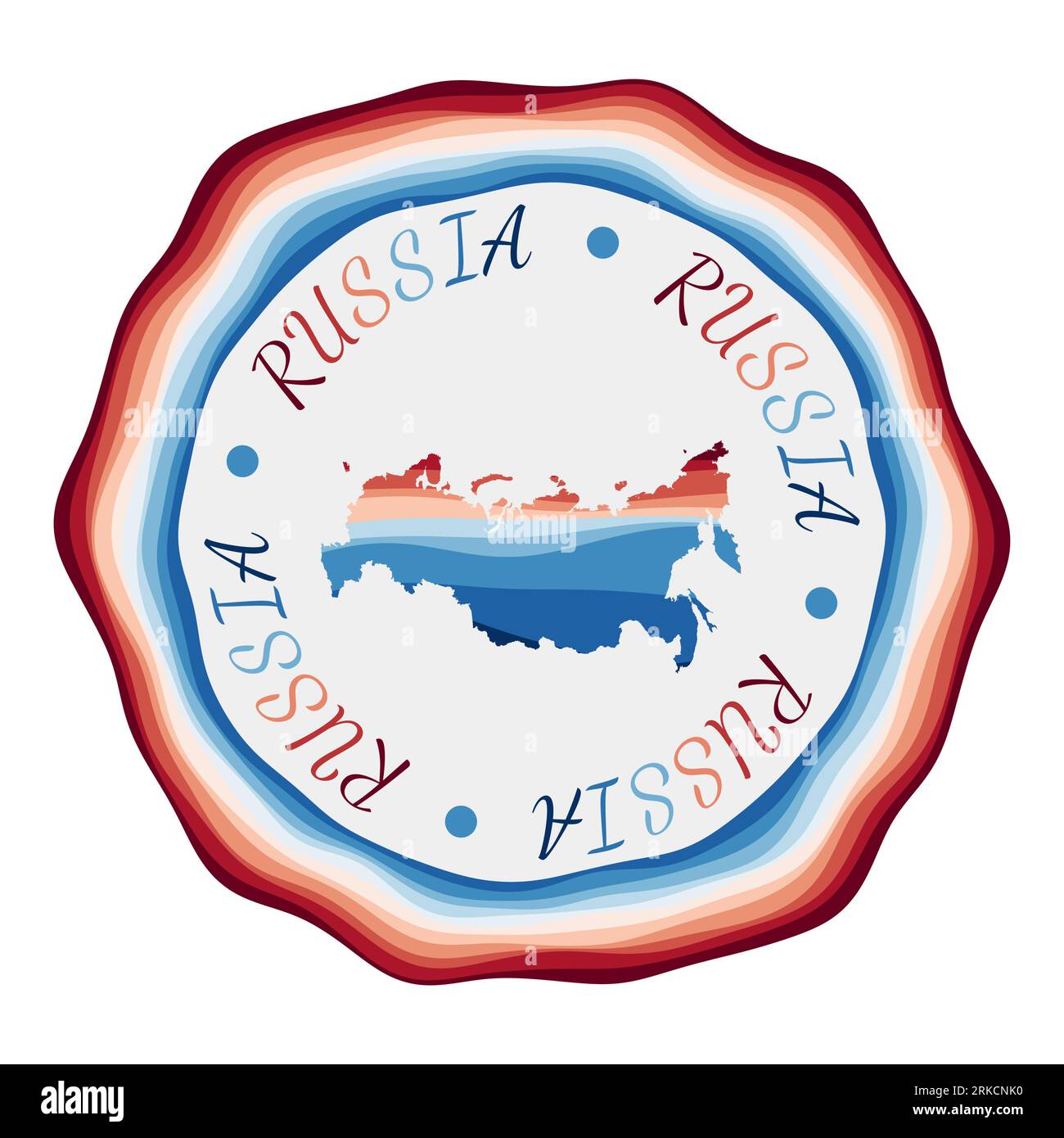 Russia badge. Map of the country with beautiful geometric waves and vibrant red blue frame ...