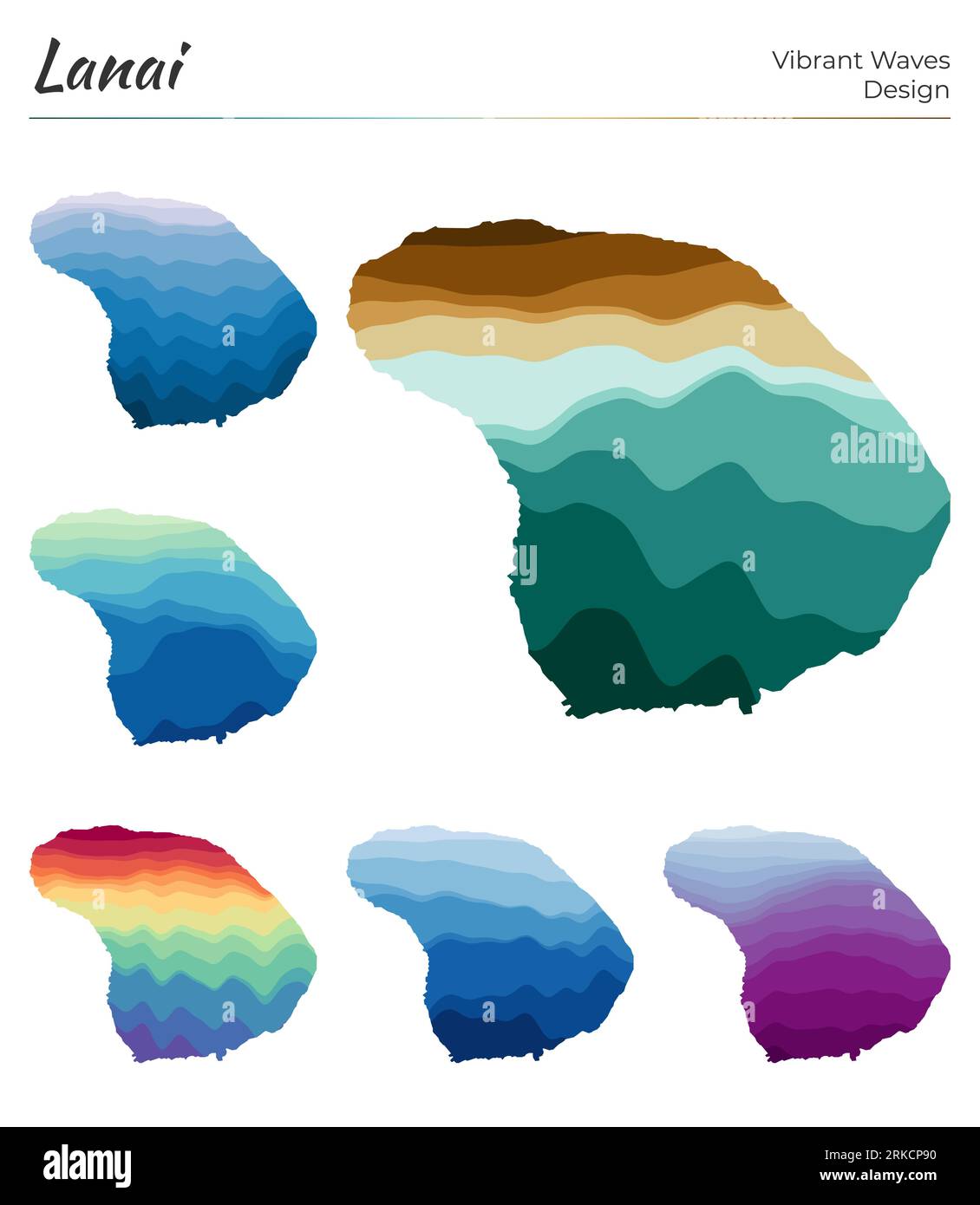 Set of vector maps of Lanai. Vibrant waves design. Bright map of island ...