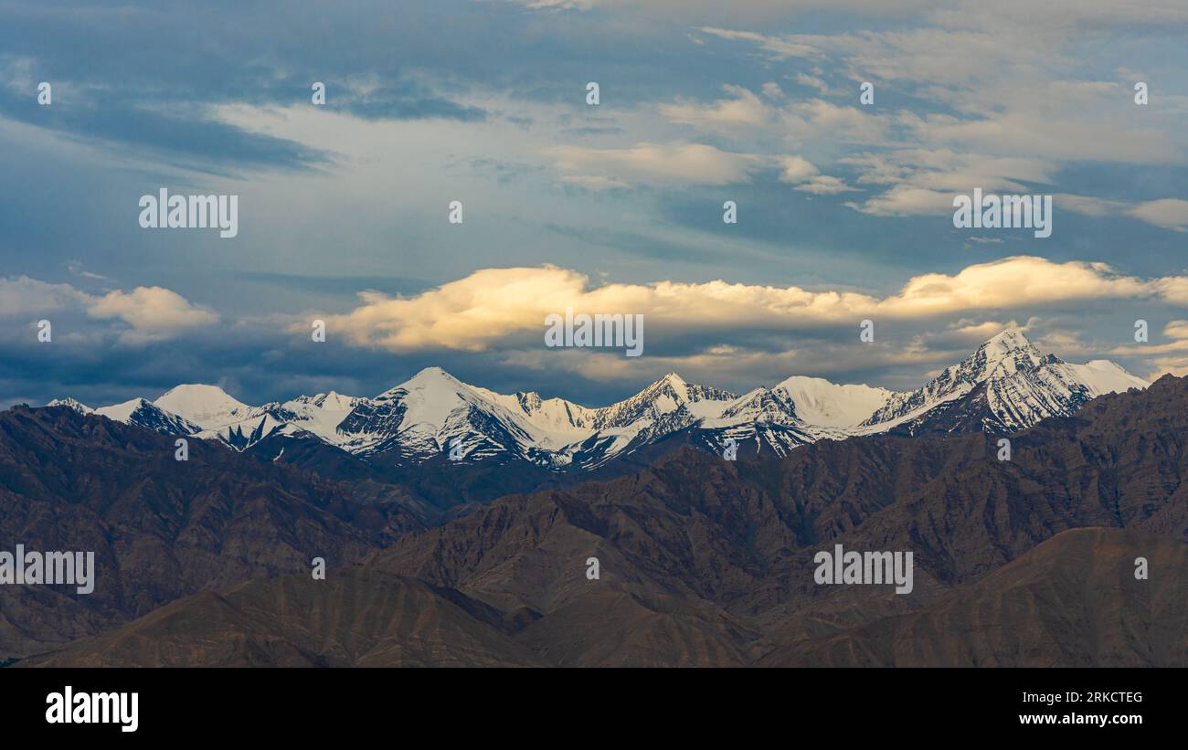 Panoramic view of high-altitude snowcapped mountain ranges of Ladakh ...