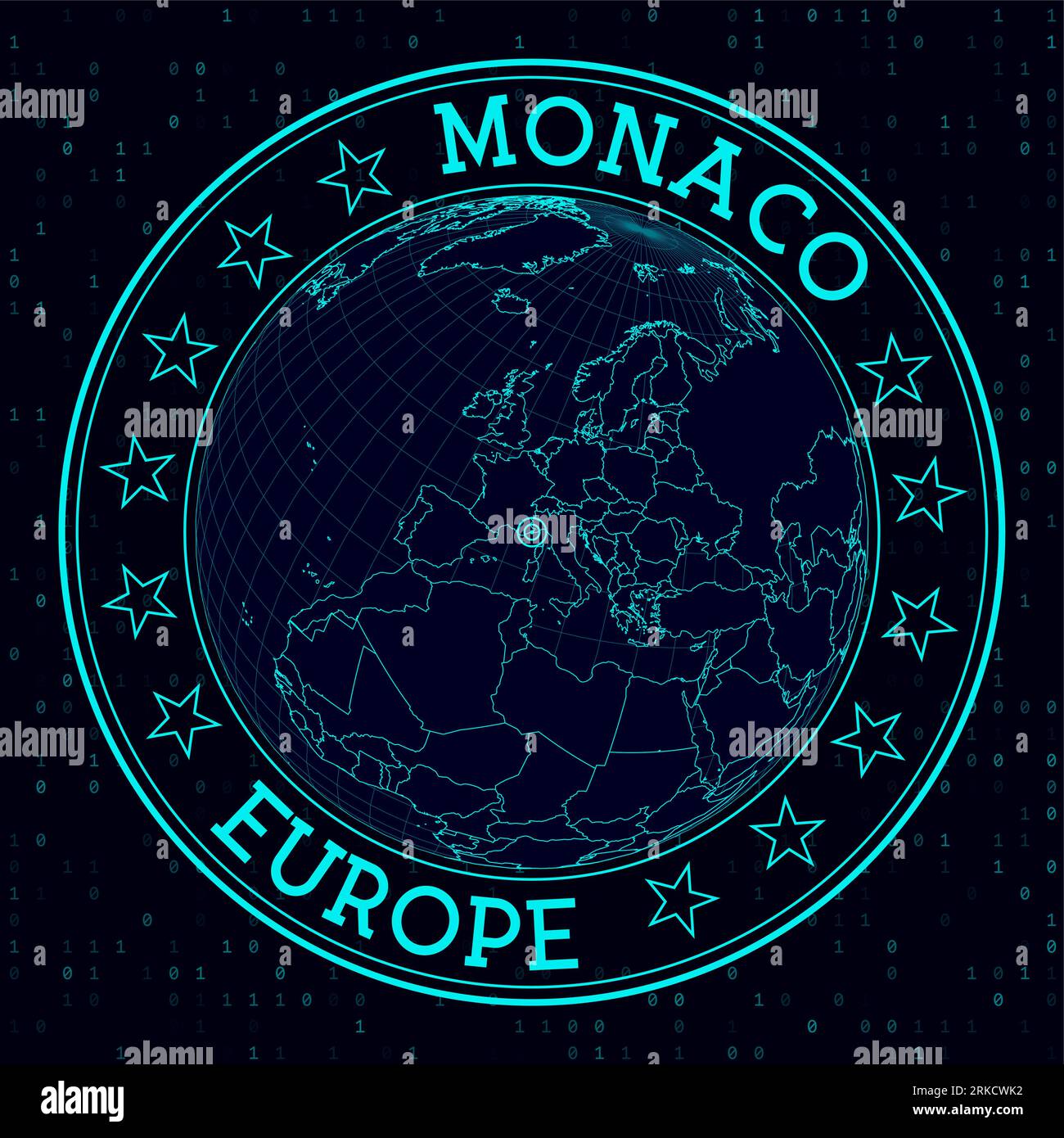 MONACO round sign. Futuristic satellite view of the world centered to MONACO. Geographical badge ...