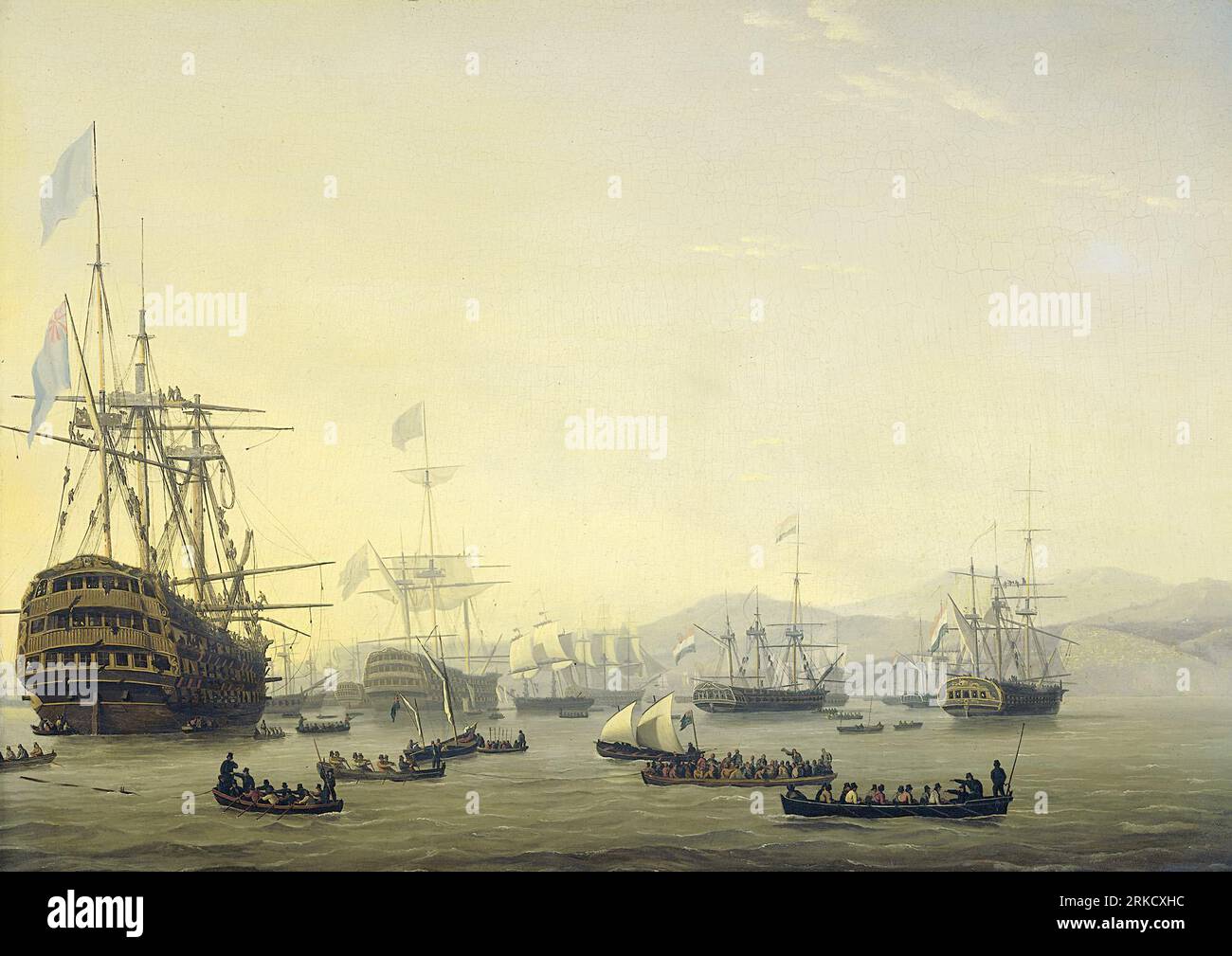 Council of War on board the 'Queen Charlotte', commanded by Lord Exmouth, prior to the ...