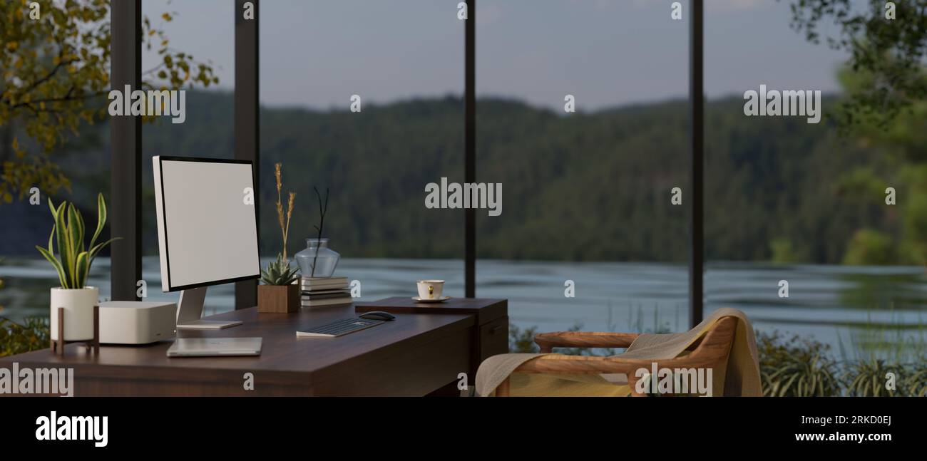 Rear view of a modern home workspace or home office with a computer on ...