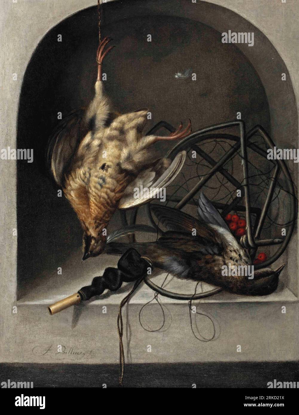 A partridge suspended from a nail, a starling, a trap and whistle in a ...