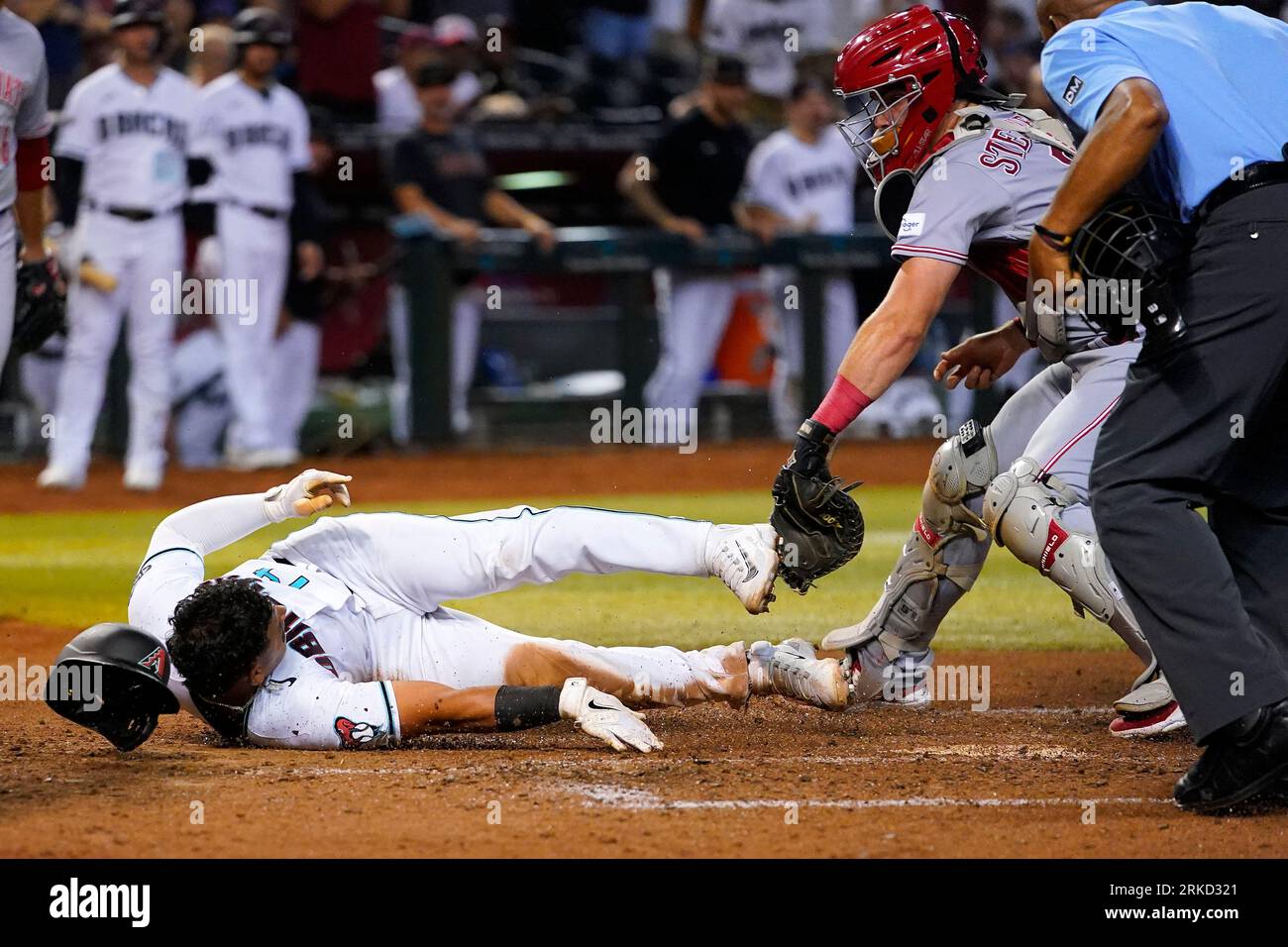 Arizona Diamondbacks' Gabriel Moreno is thrown out at the plate trying ...