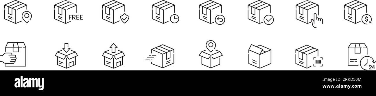 Set of delivery parcel icons. Barcode, send and receive, 24 hour ...