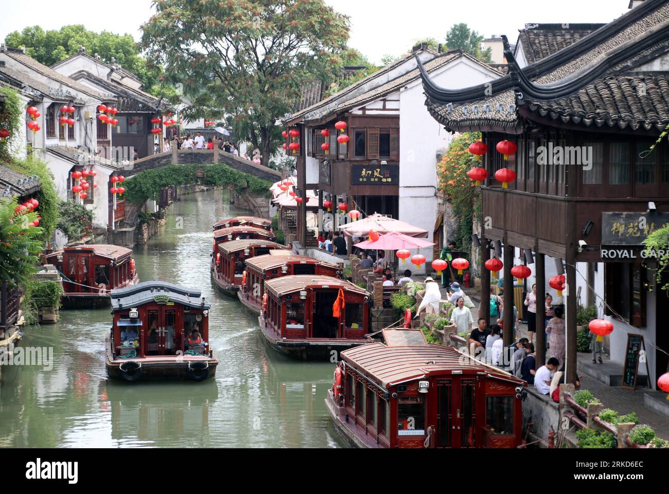 Aerial photo shows tourists visiting the Shantang ancient street in Suzhou City, east China's ...
