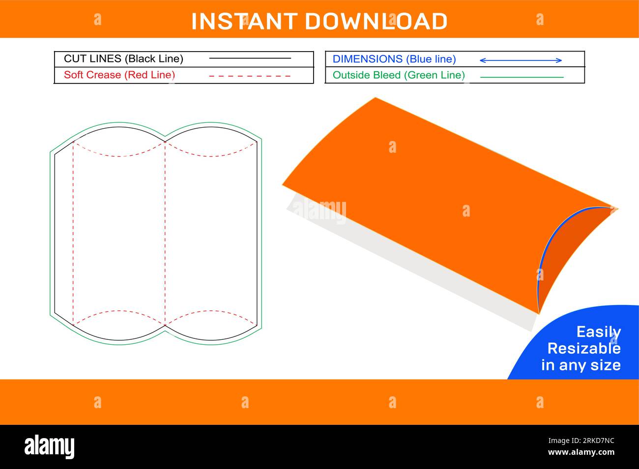 Pillow box or candy box, gift box dieline template and 3D box design ...