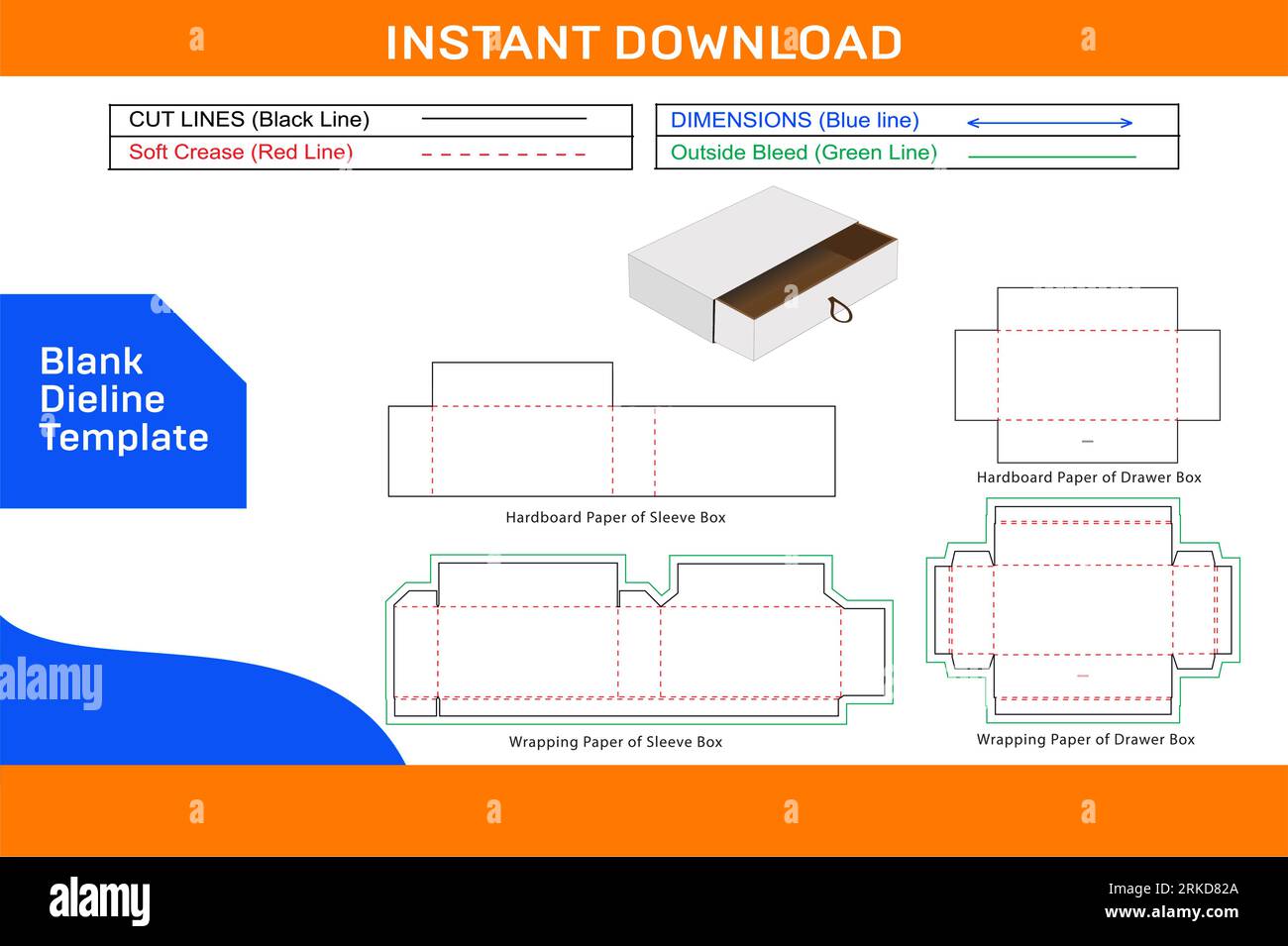 Sleeve drawer box die line template and 3D box design colour changeable ...