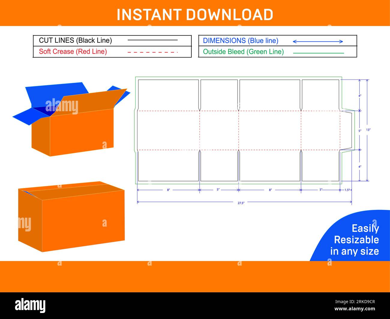 Corrugated Cardboard shipping box die line template and 3D box design easily editable and ...