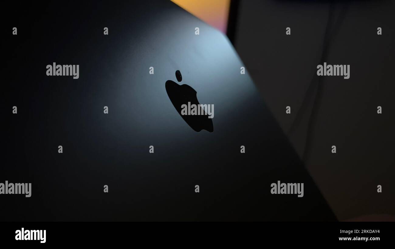 A close-up of an Apple logo on the back of a silver MacBook Pro laptop ...